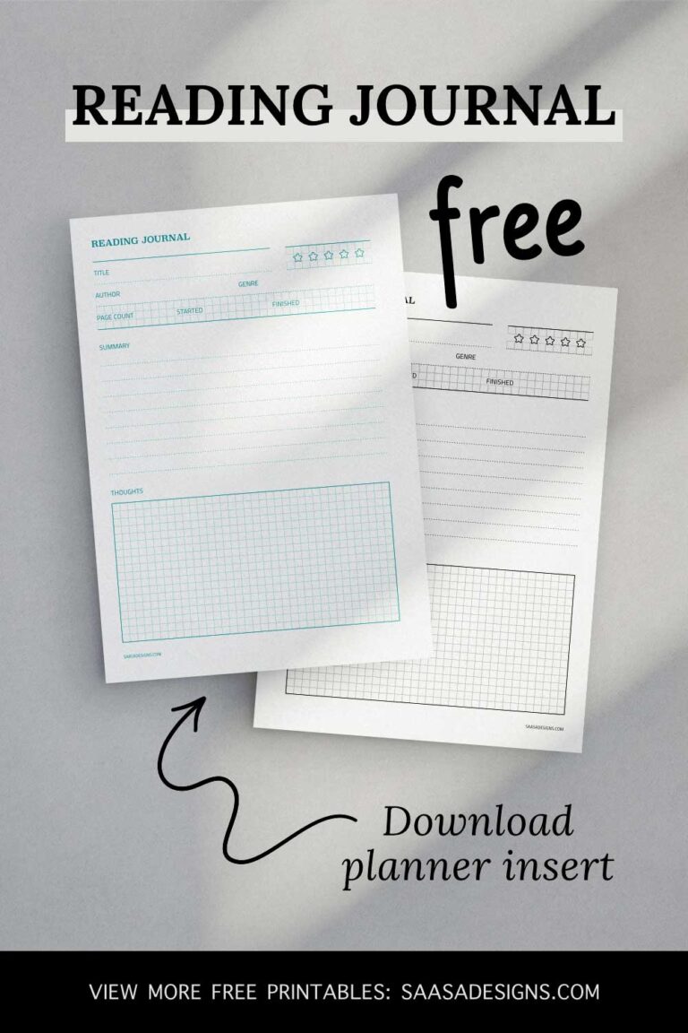 Reading Journal template. Free printable planner insert.