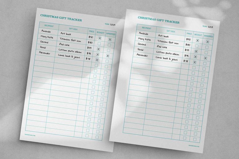 Christmas Gift Tracker template. Free printable planner insert.