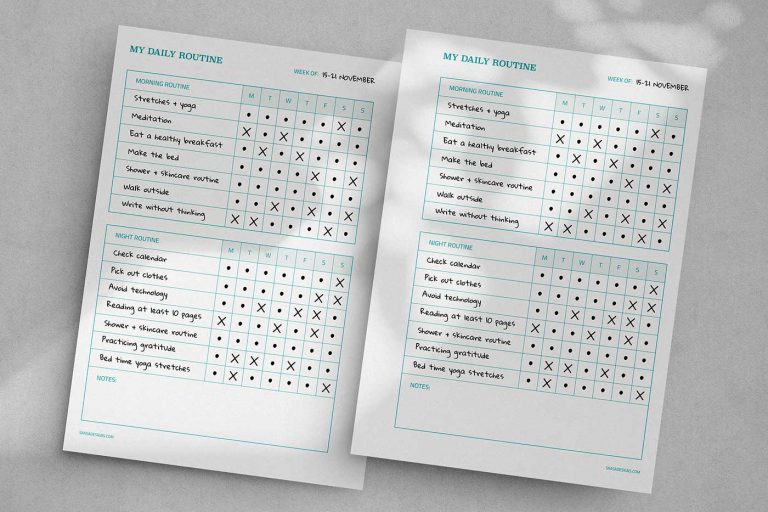Daily Routine Tracker template. Free printable planner insert.
