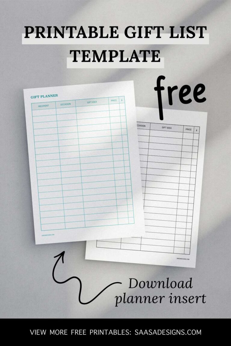 Gift List Planner template. Free printable planner insert.