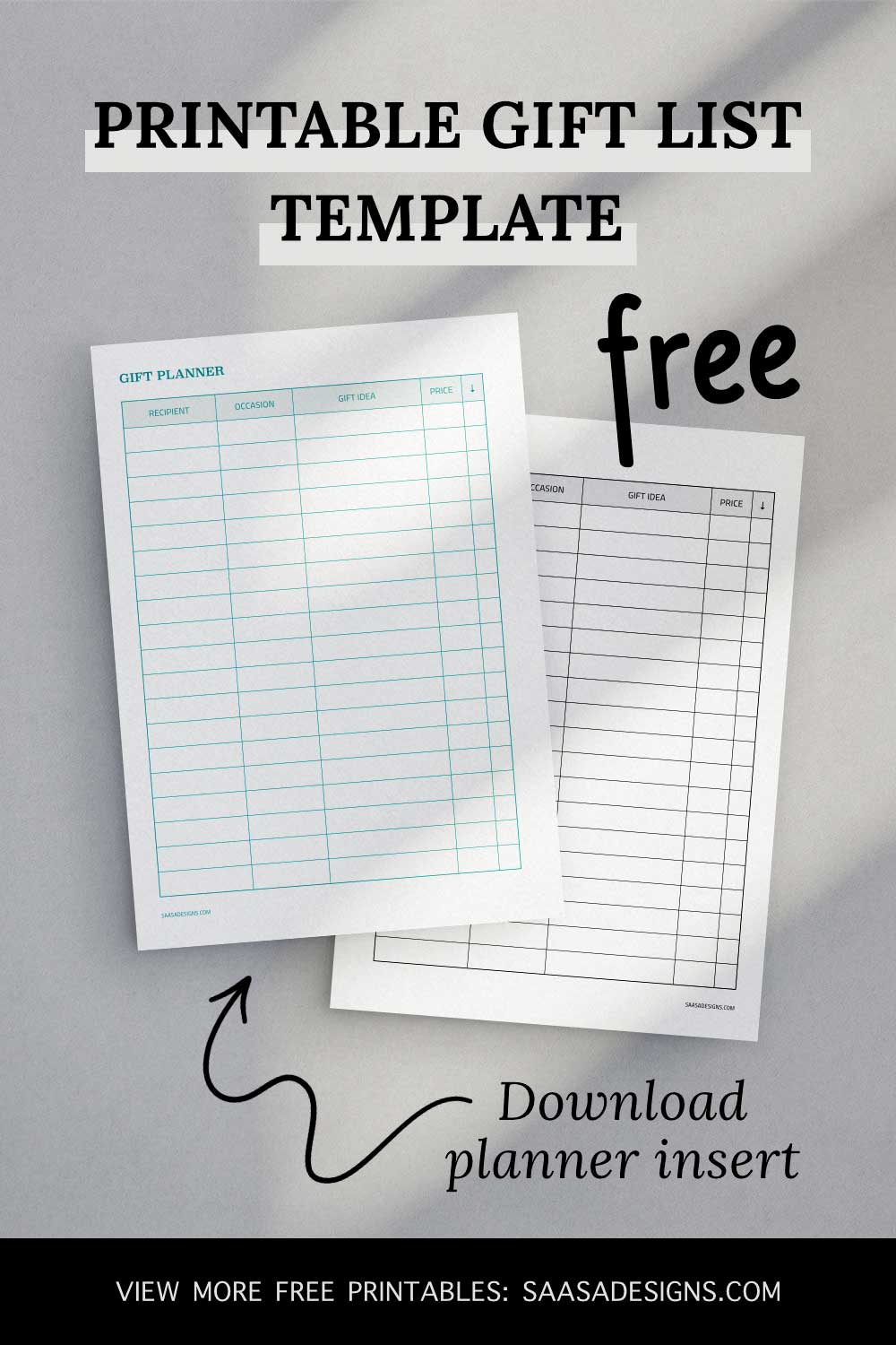 Gift List Planner template. Free printable planner insert.