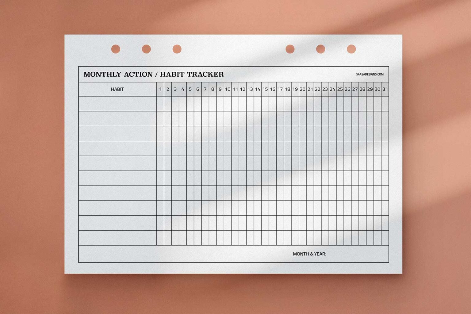 Horizontal Monthly Habit Tracker. Free printable planner insert.