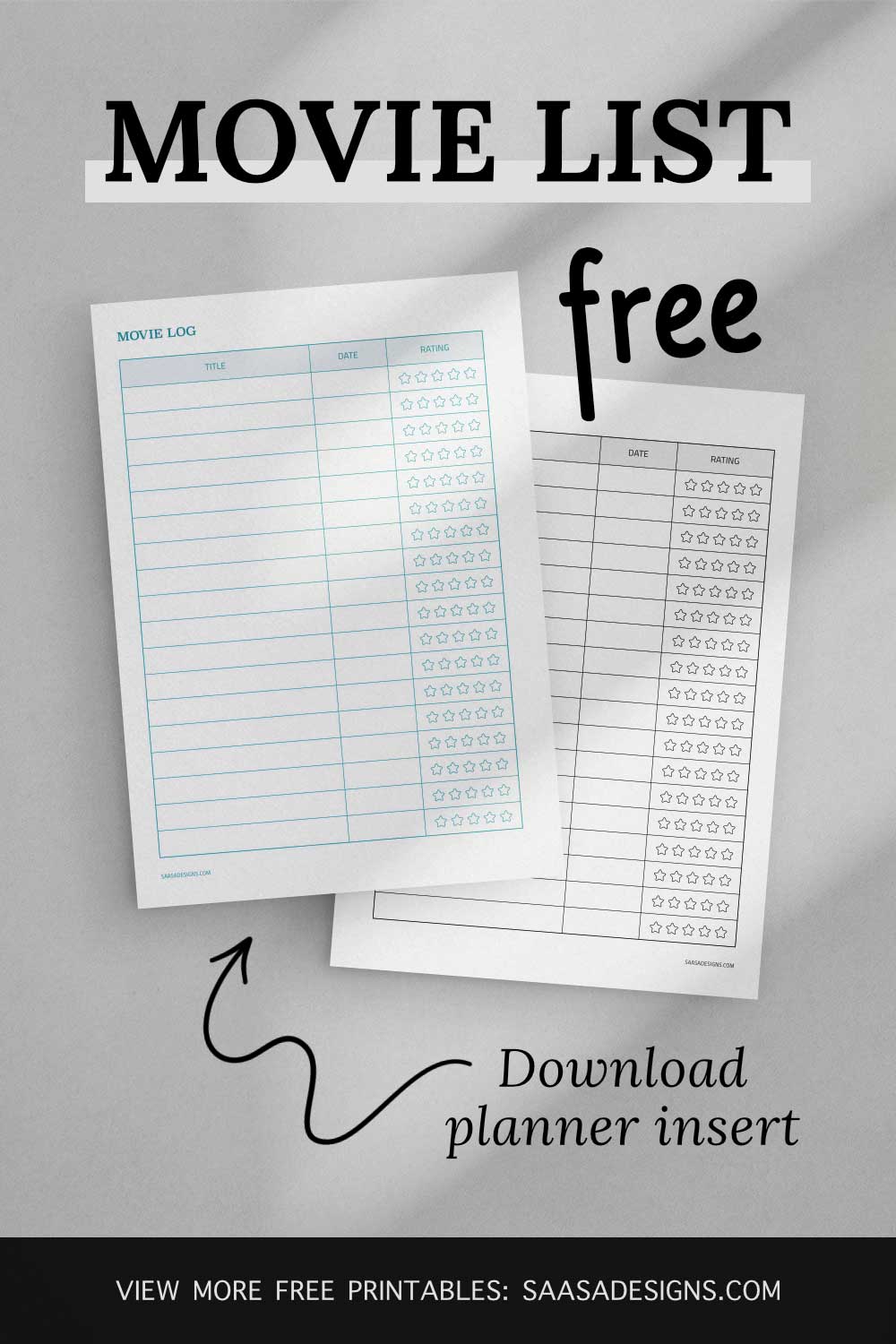 Movie List template. Free printable planner insert.