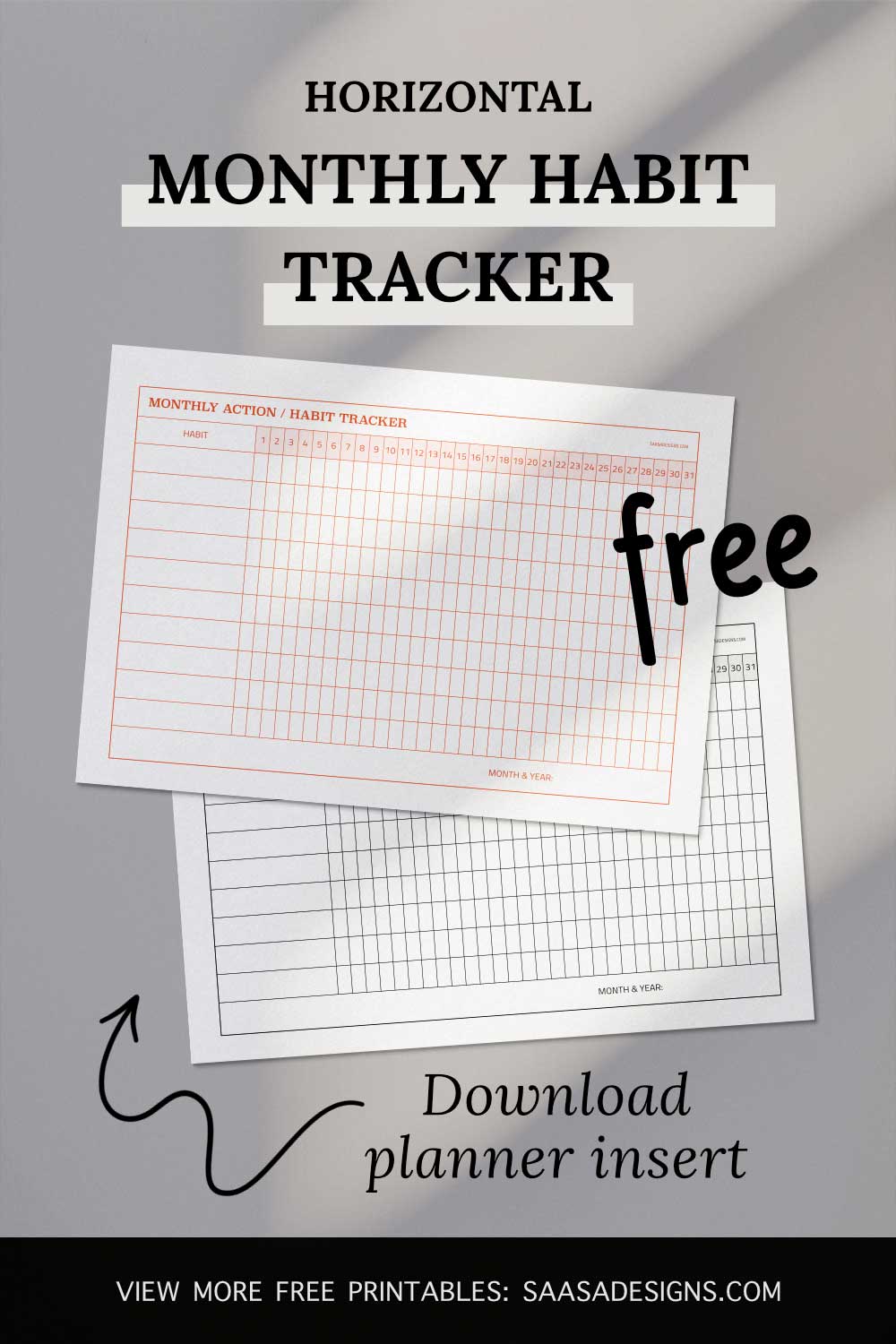 Horizontal Monthly Habit Tracker. Free printable planner insert.
