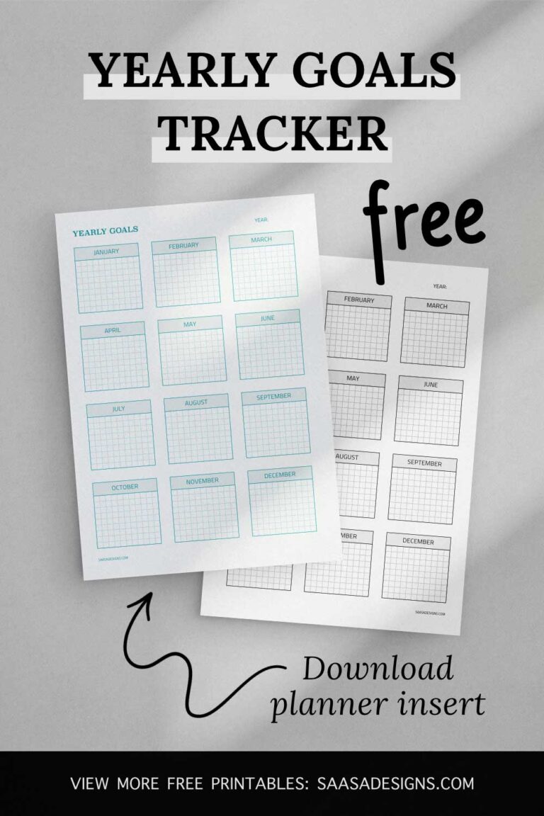 Yearly Goals template. Free printable planner insert.