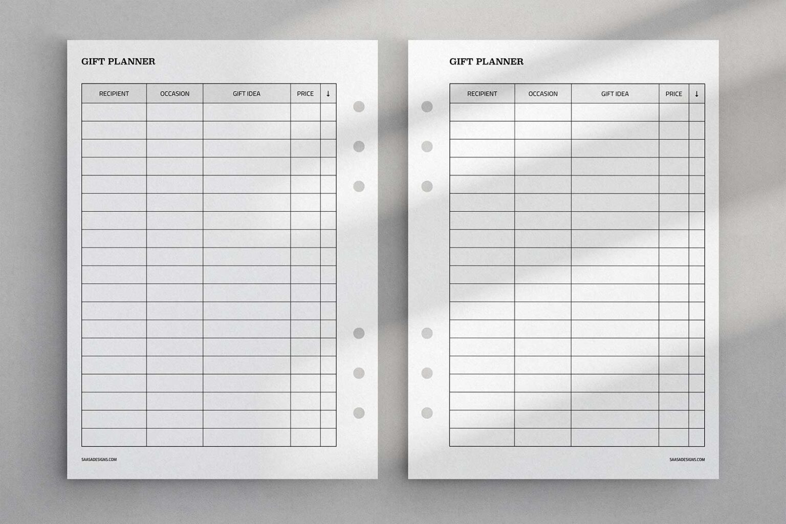 Gift List Planner template. Free printable planner insert.