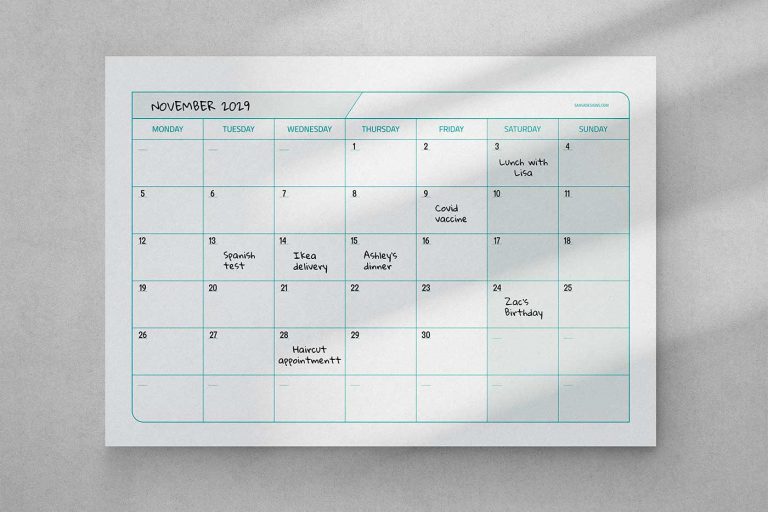 Monthly Calendar template. Free printable planner insert.