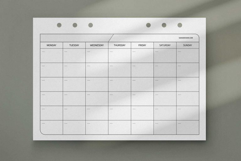 Monthly Calendar template. Free printable planner insert.