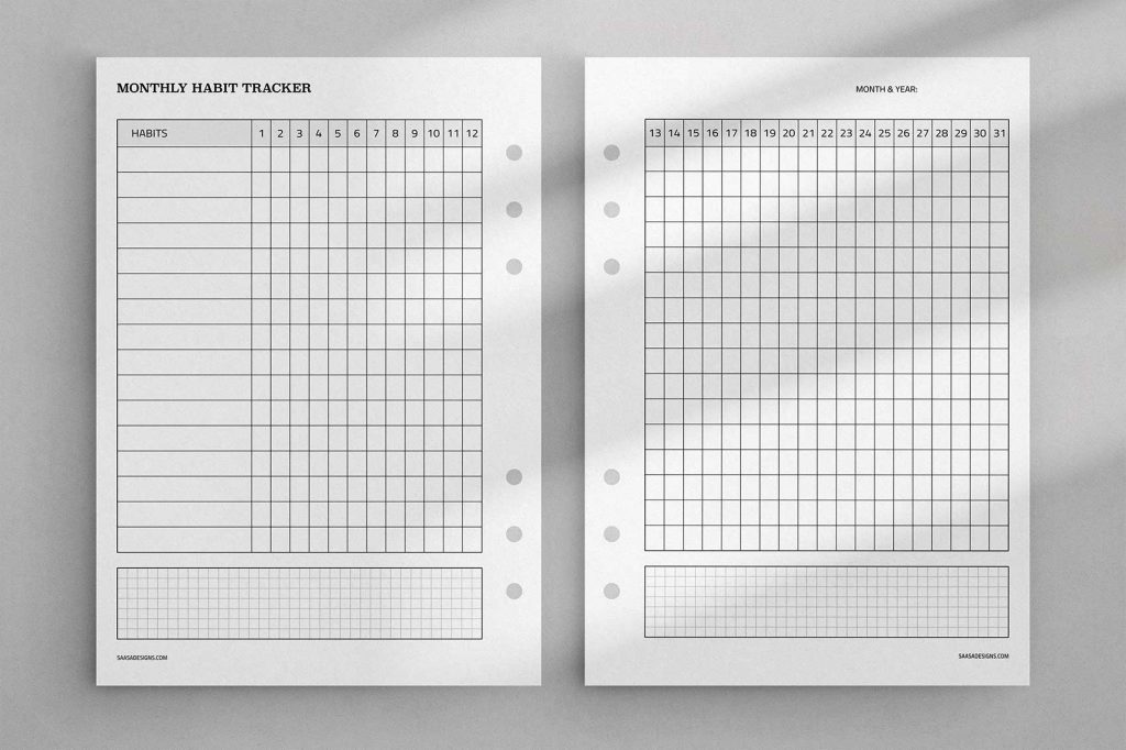 Monthly Habit Tracker template. Free printable planner insert.