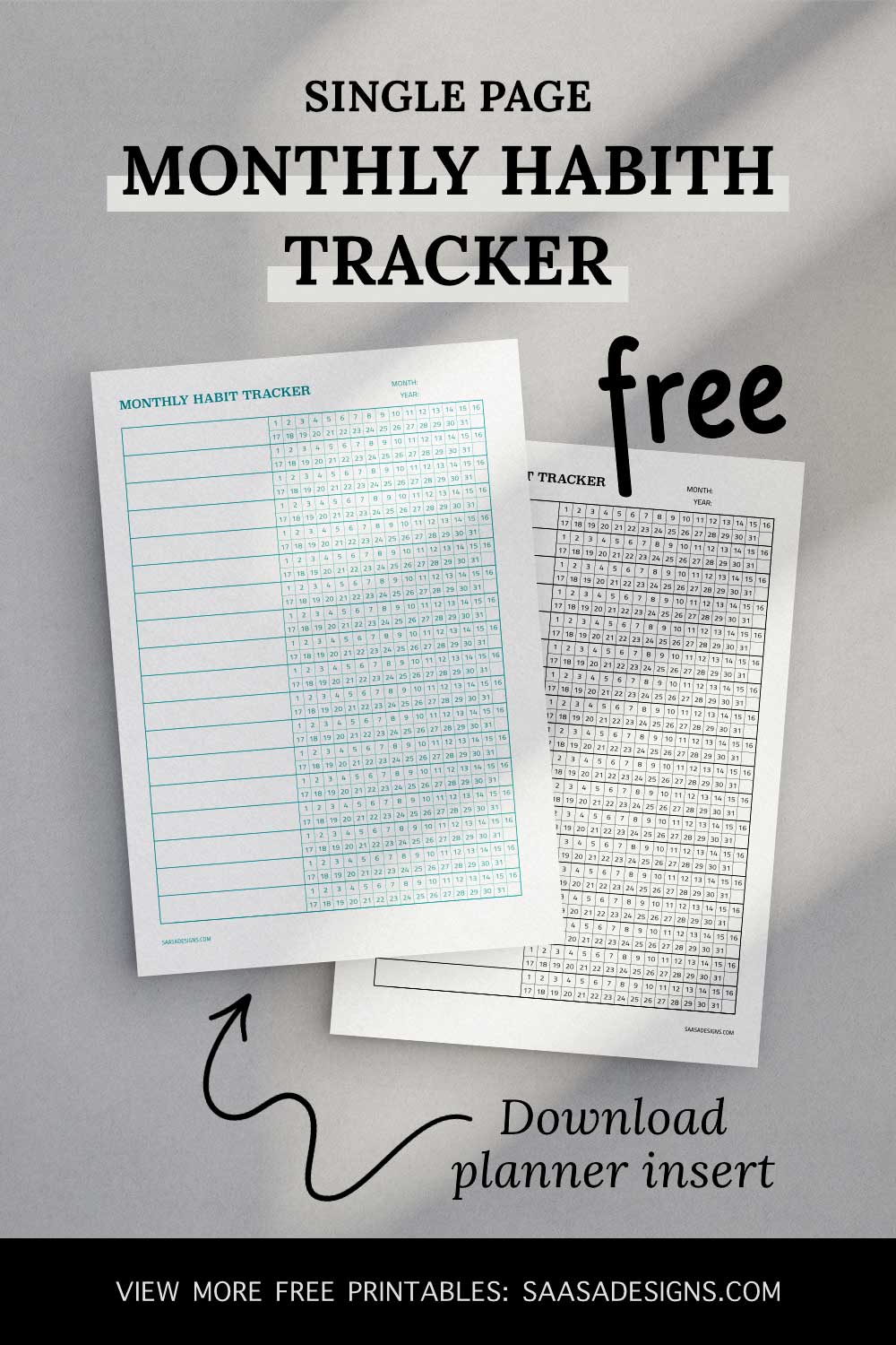 Printable Monthly Habit Tracker. Free planner insert.