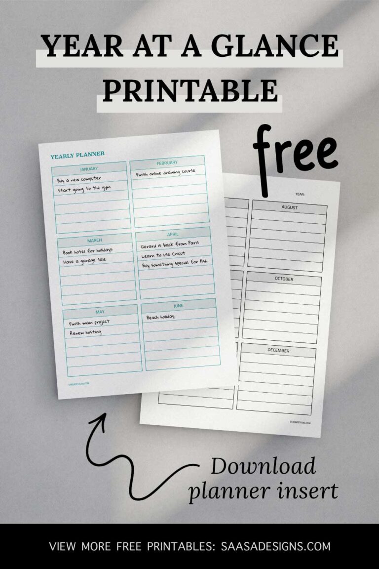 Year at a Glance Template. Free Printable Planner Insert.