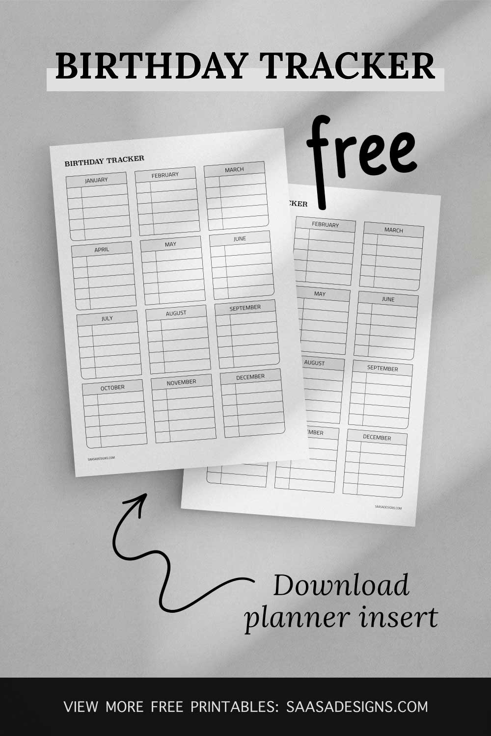 Birthday Tracker template. Free printable planner insert.