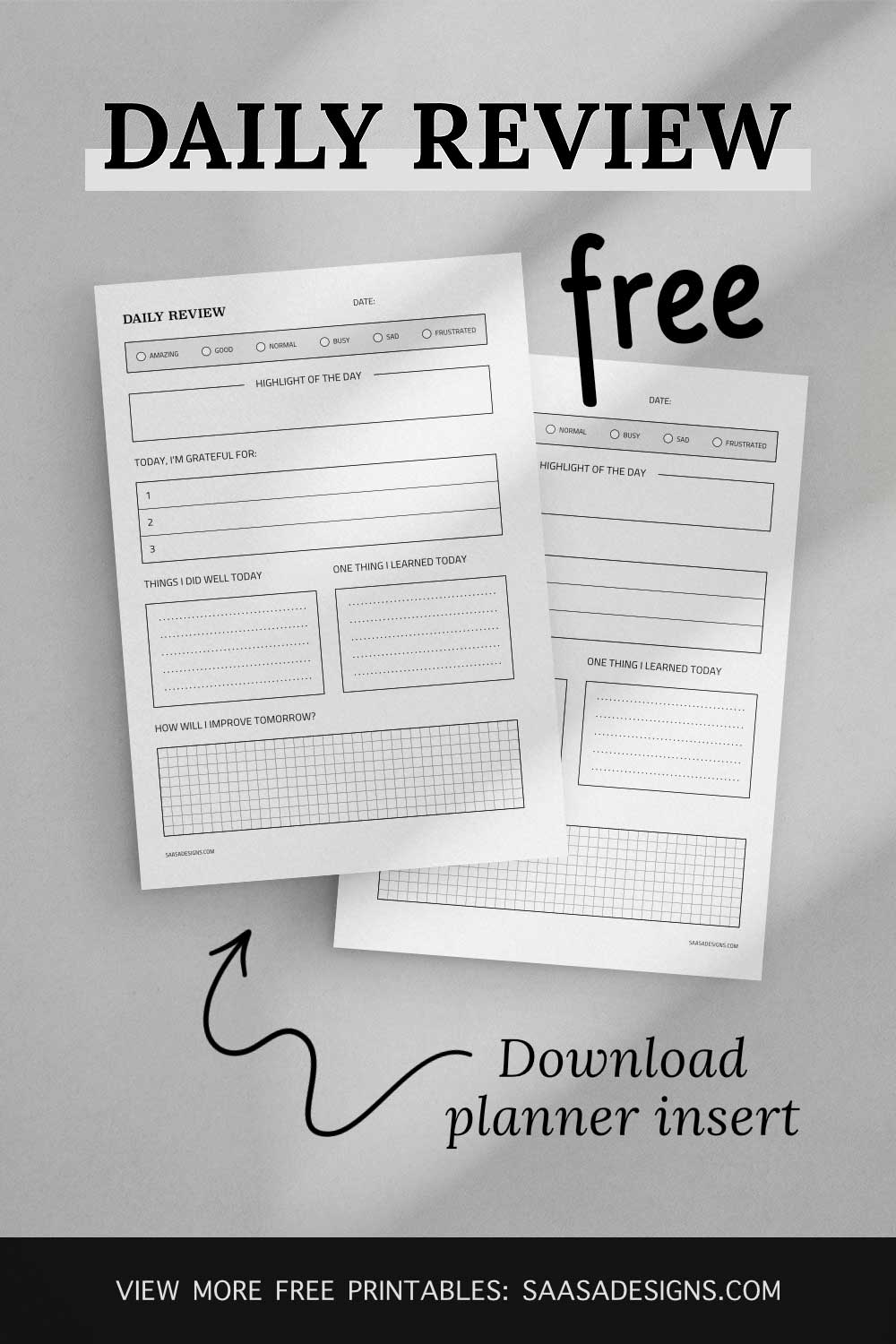 Daily Review template. Free printable planner insert.