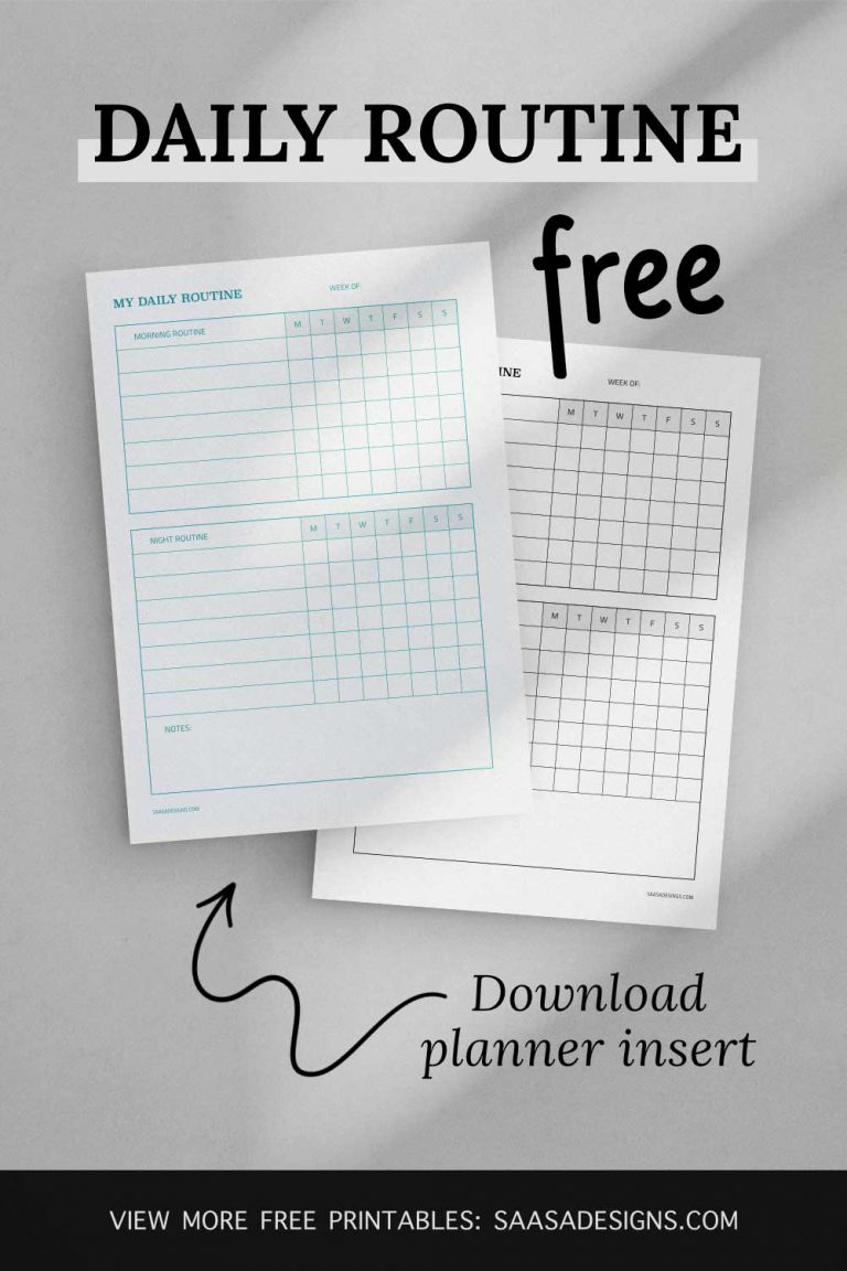 Daily Routine Tracker template. Free printable planner insert.