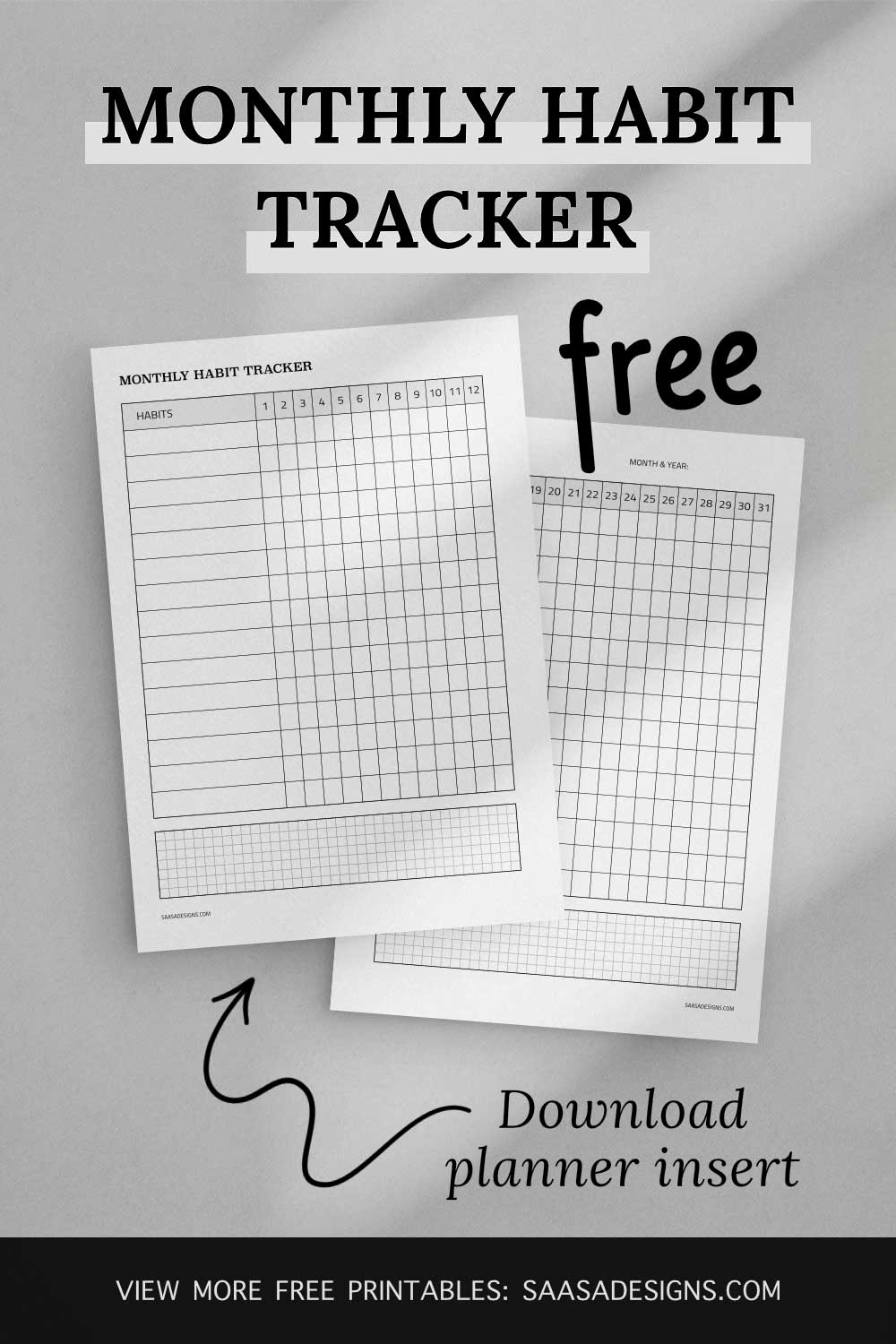 Monthly Habit Tracker template. Free printable planner insert.