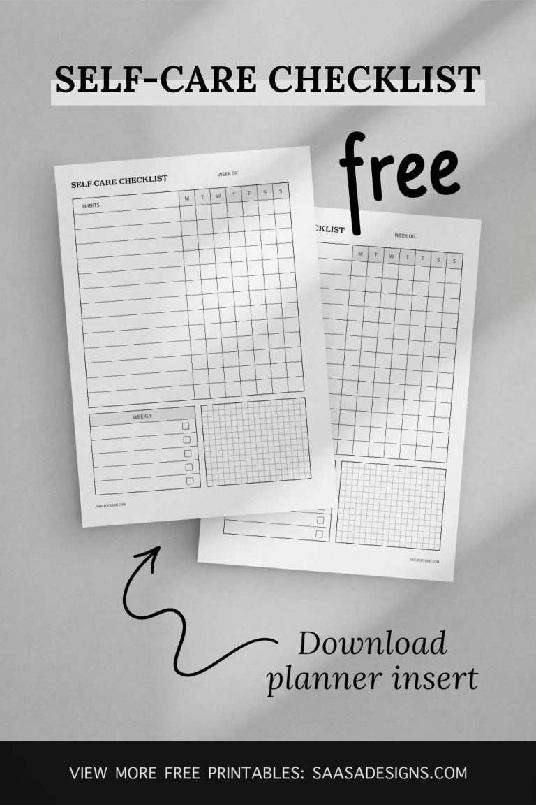 Self-Care Checklist template. Free printable planner insert.