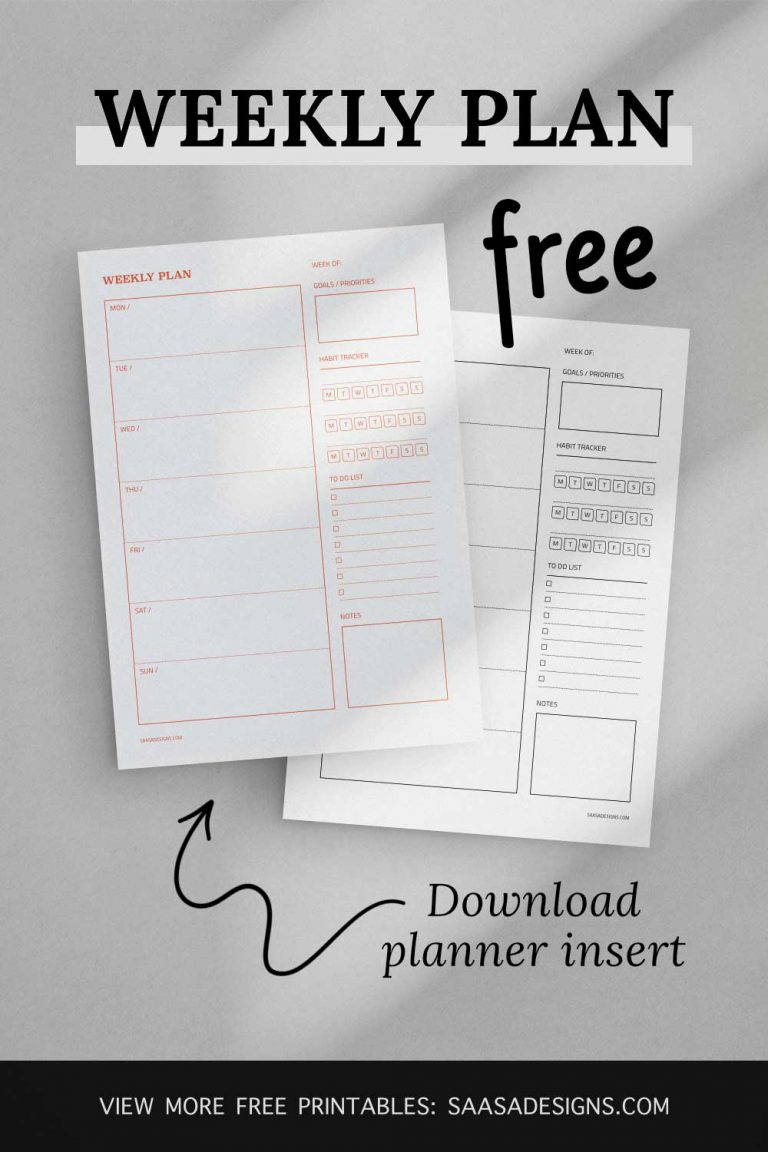 Weekly Planner template. Free printable planner insert.