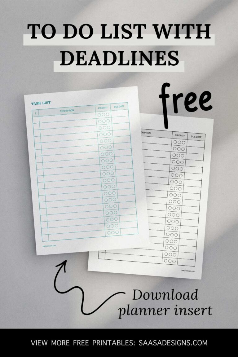 To Do List With Deadlines template. Free printable planner insert.